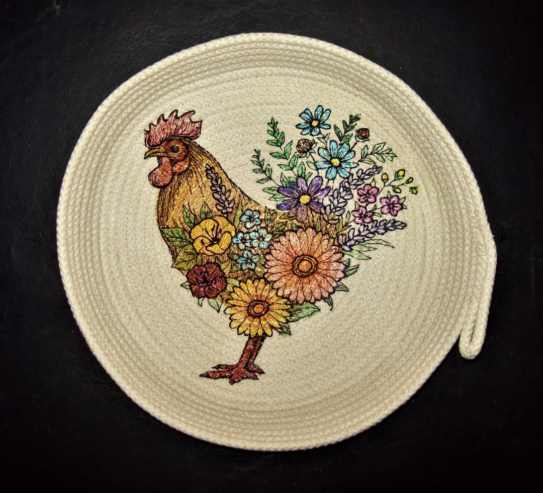Embroidered Rooster Rope Bowl: Floral Chicken Basket, Montana Made - Etsy
