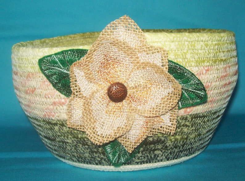 Magnolia Embellished Fabric Wrapped Rope Bowl-coiled Flower Rope Basket ...