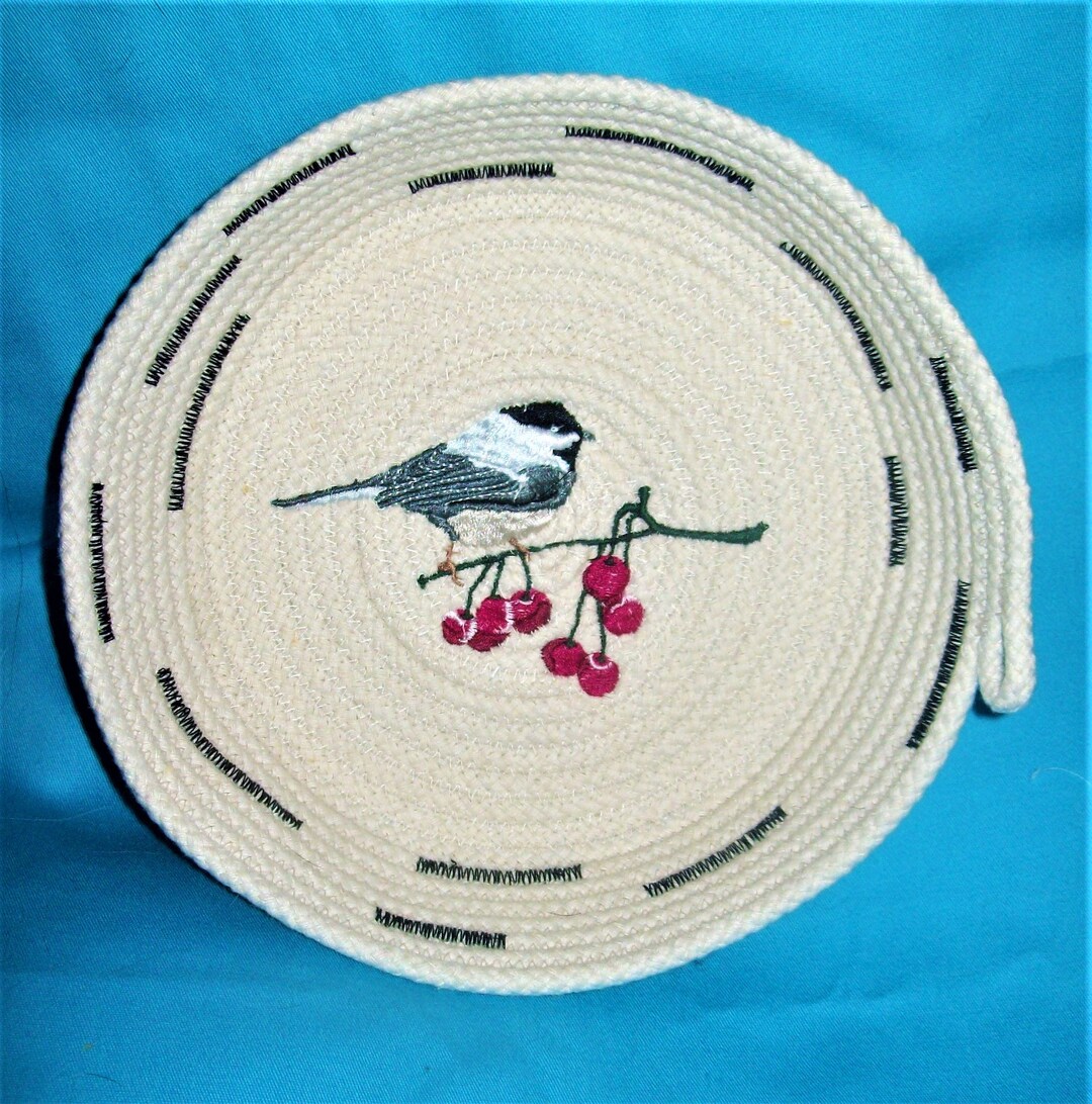 Embroidered Chickadee Rope Bowl: Winter Bird & Berries Basket - Etsy