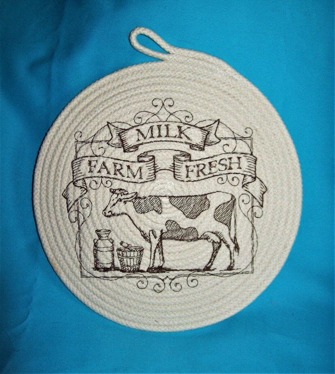 Coiled Rope Trivet-embroidered Country Cow-large Coaster Mat-farmhouse ...