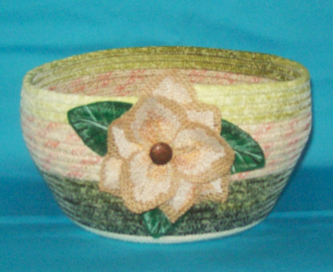 Magnolia Embellished Fabric Wrapped Rope Bowl-coiled Flower Rope Basket ...