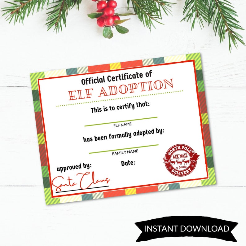 Certificate of Elf Adoption, Printable Elf Adoption Certificate, Elf ...
