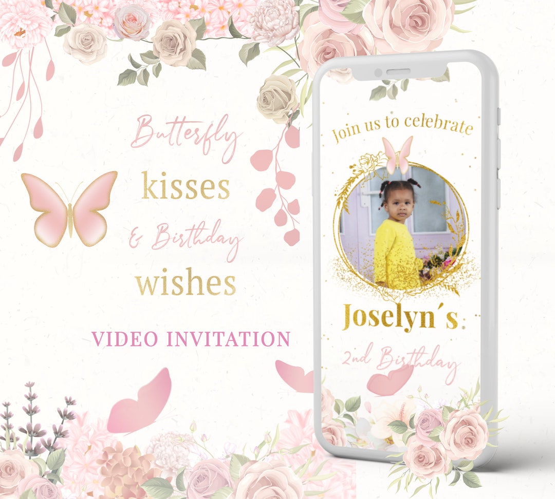 Butterfly Birthday Video Invitation, Butterflies Gold Rose Invite ...