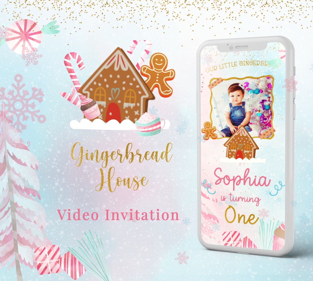Pink Gingerbread House Invitation, Birthday Invitation, Gingerbread ...