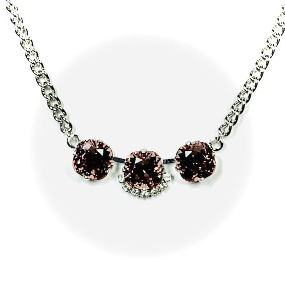 Three Stone Swarovski Necklace With Center Stone Trimmed With Rhinestones Placed on a Silver Chain. Etsy