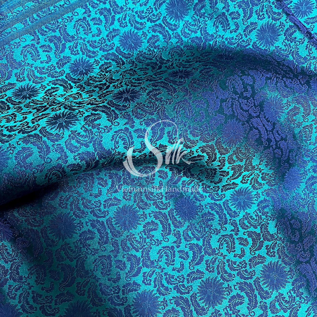 PURE MULBERRY SILK Fabric by the Yard - Floral Silk - Peacock Blue Silk ...