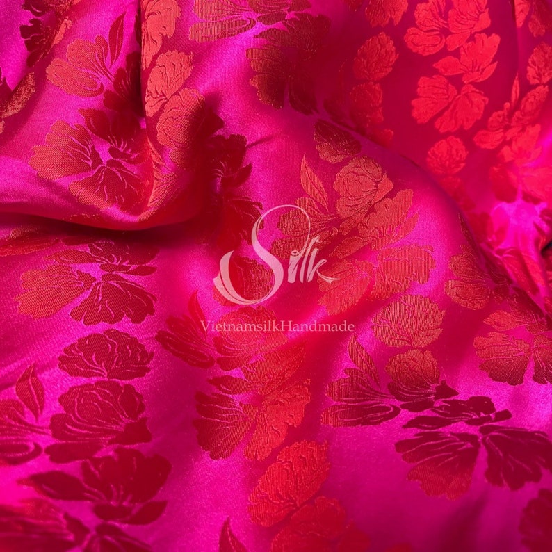 PURE MULBERRY SILK Fabric by the Yard - Red Pink Floral Silk - Big ...