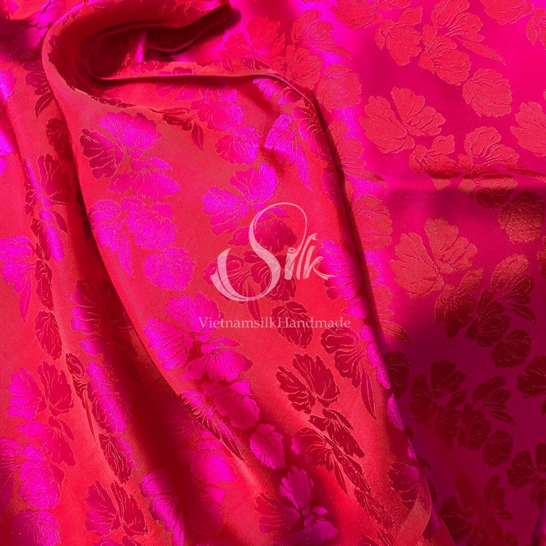PURE MULBERRY SILK Fabric by the Yard - Red Pink Floral Silk - Big ...