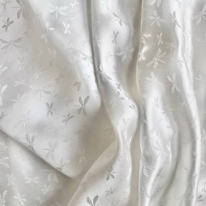 White PURE MULBERRY SILK Fabric by the Yard - Dragonfly Pattern ...