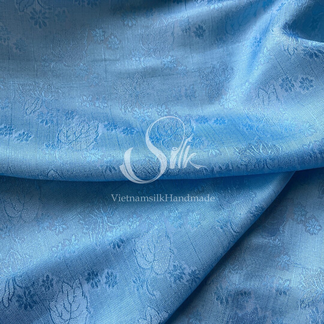 PURE MULBERRY SILK Fabric by the Yard - Blue Silk With Mulberry Leaves ...