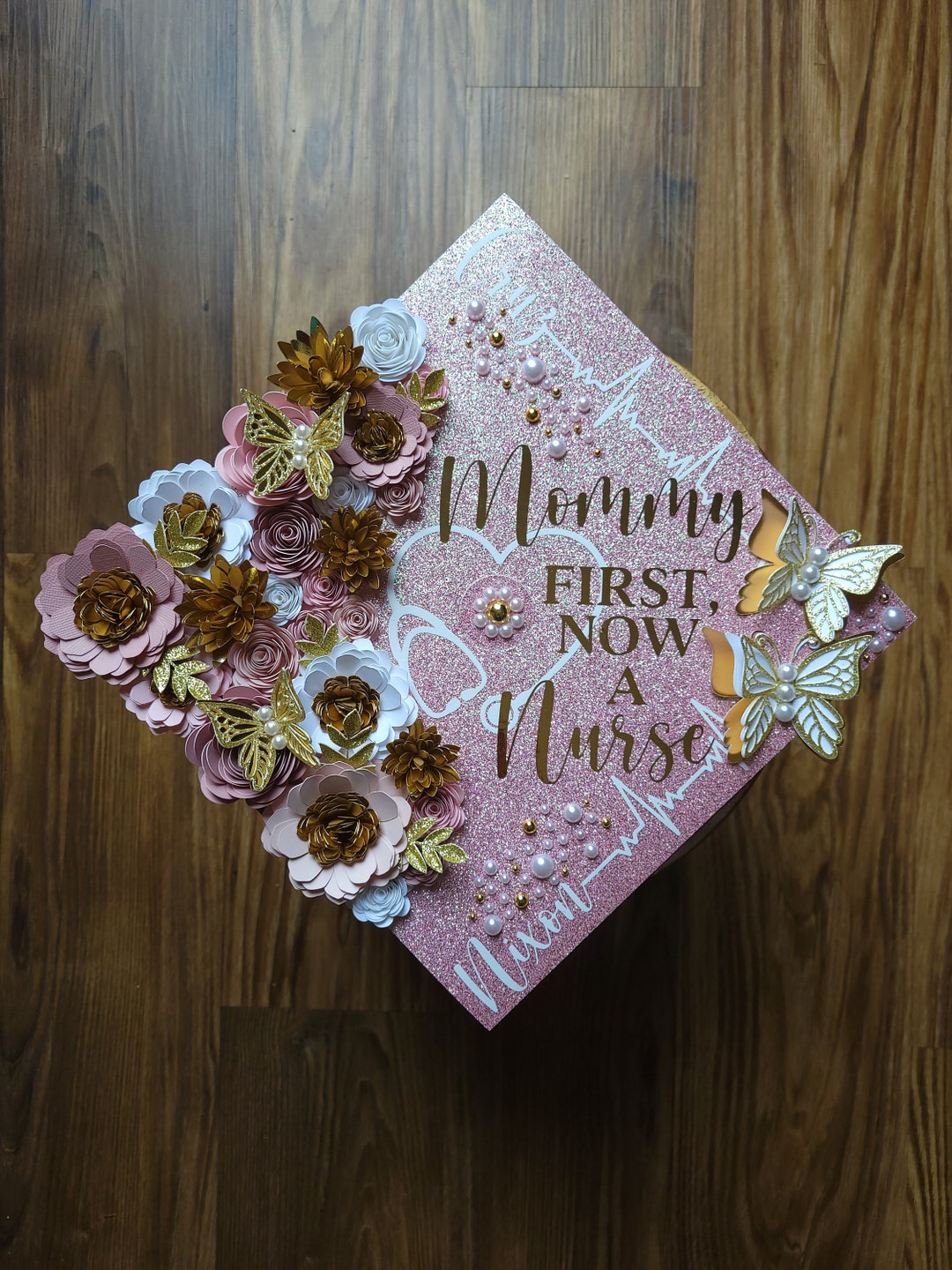 Personalized Nurse Graduation Cap Topper, Pink Glitter, Flowers ...