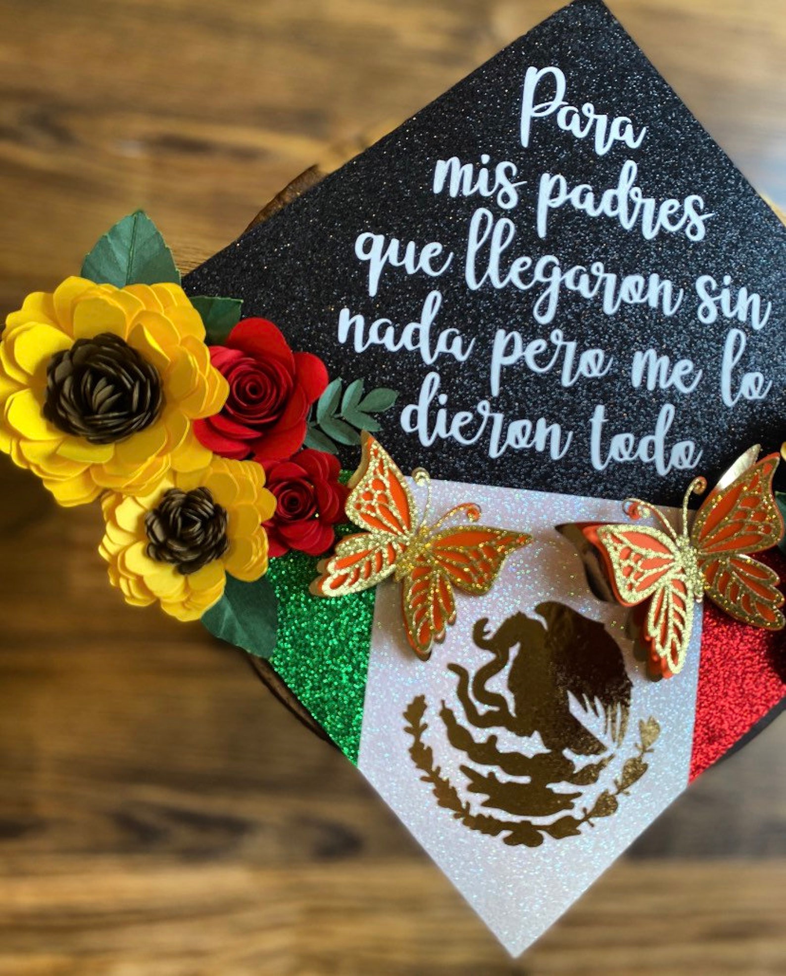 Custom Mexico Graduation Cap Topper Flag Floral Bling Graduation Cap ...