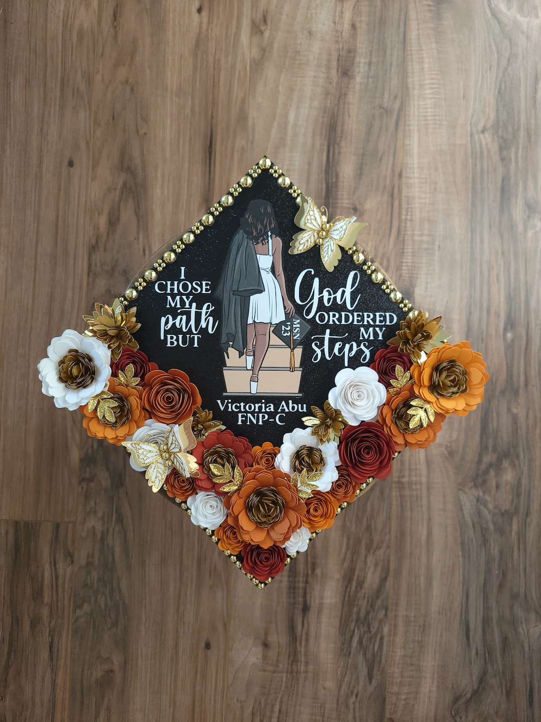 Custom Personalized Graduation Cap Topper Decoration Burnt Orange White ...