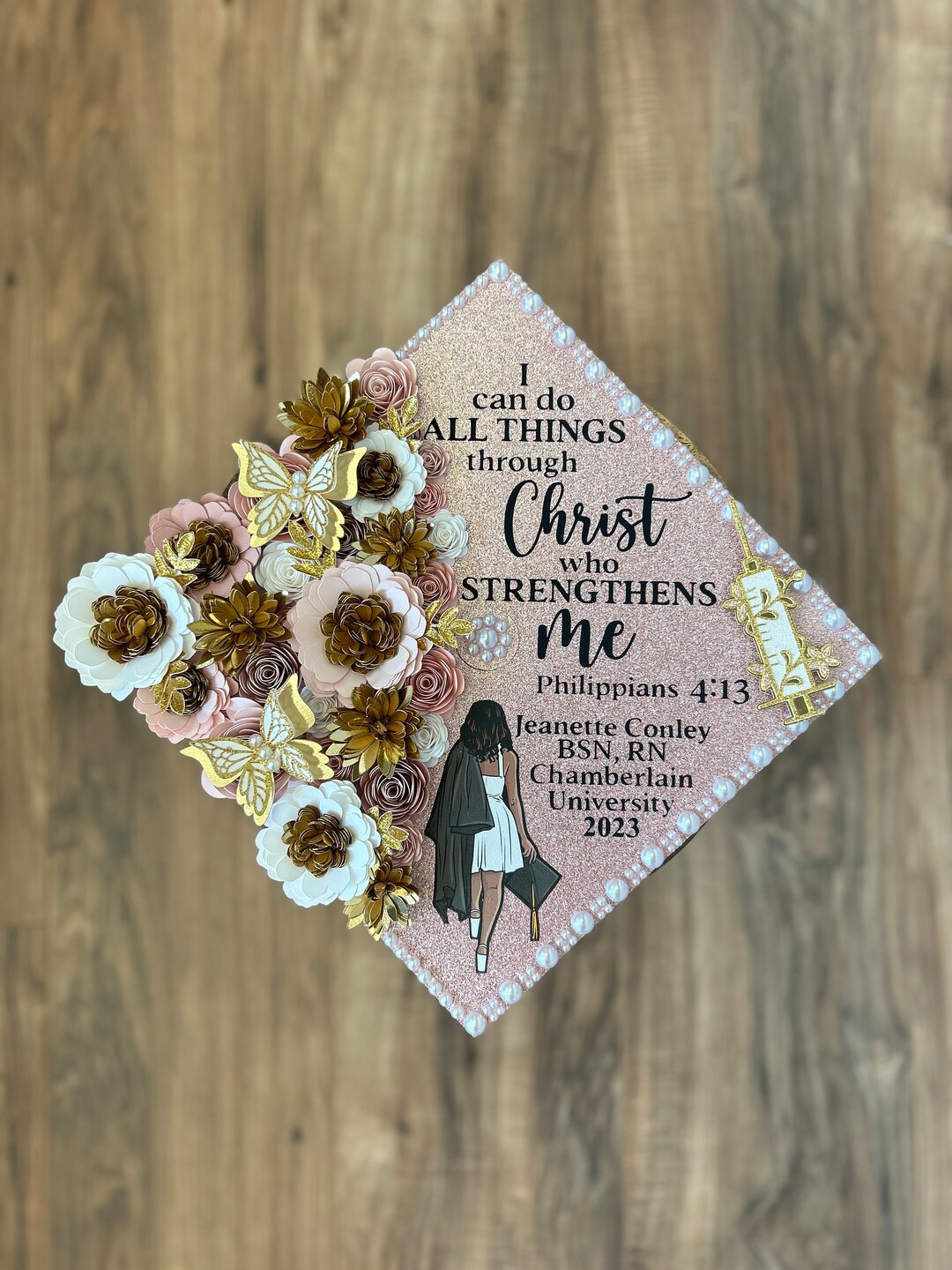 Custom GOD Graduation Cap Topper Vintage Pink Girly Floral Graduation ...