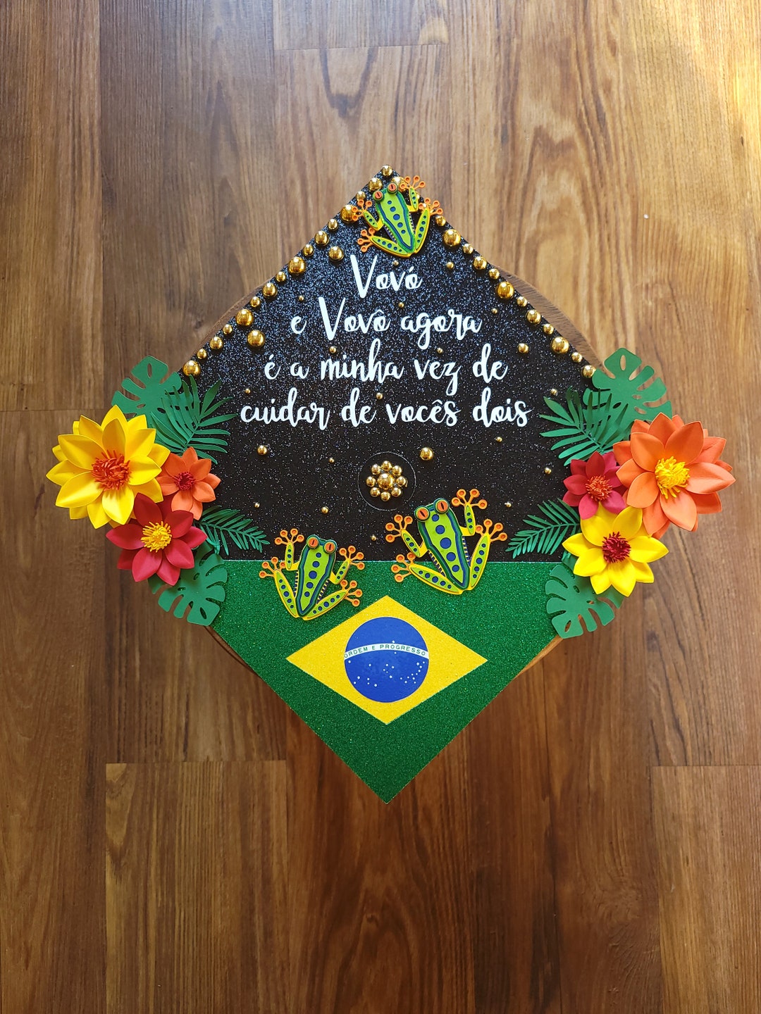 Custom Brazil Brazilian Graduation Cap Topper Flag Floral Bling ...