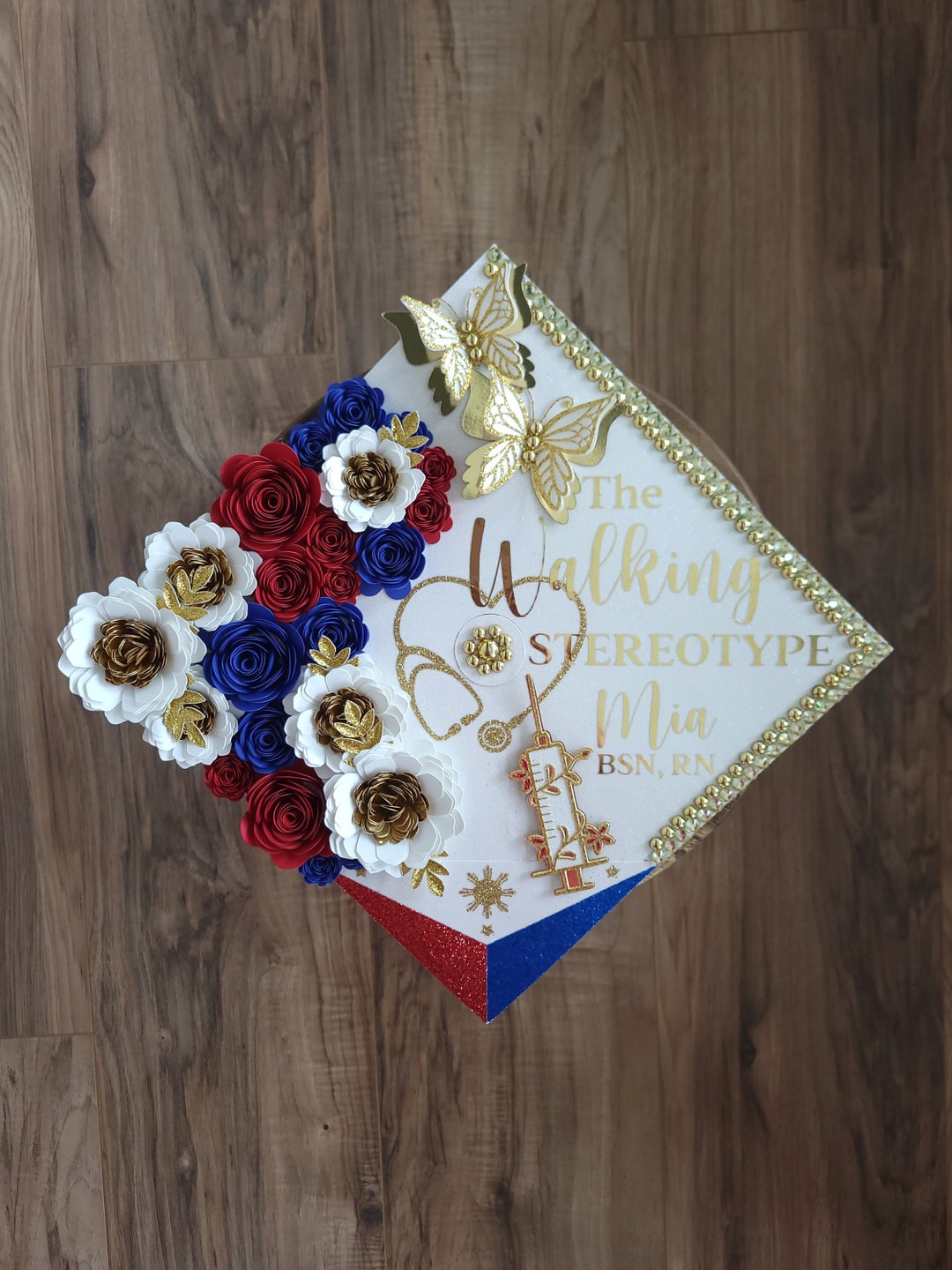 Custom Philippines Philippino Graduation Cap Topper Flag Floral Bling ...