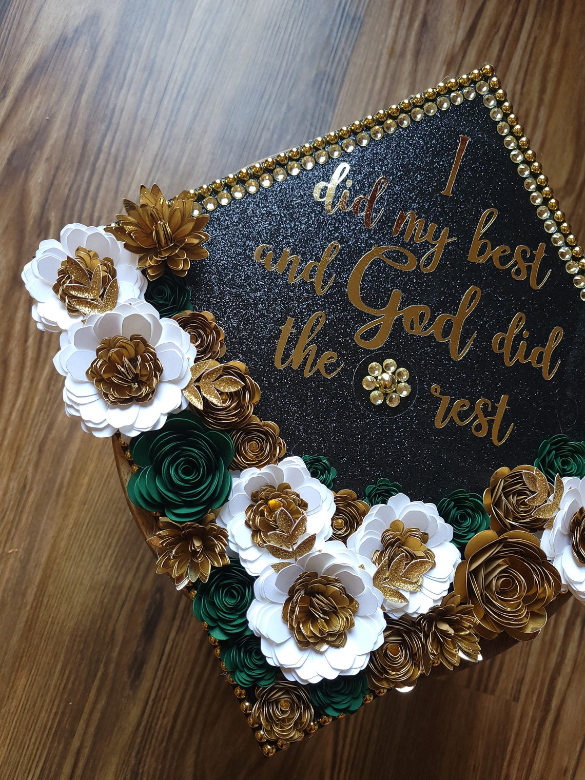 Custom Graduation Cap Topper: Emerald, Gold & White Floral Design - Etsy