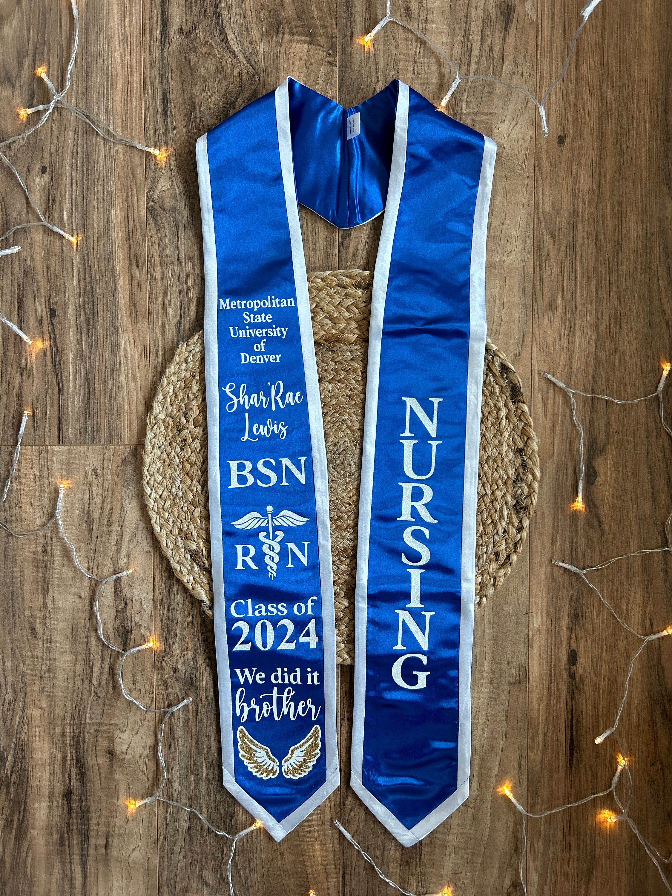 Custom Royal Blue White Gold Nurse Graduation Glitter Trimmed Stole ...