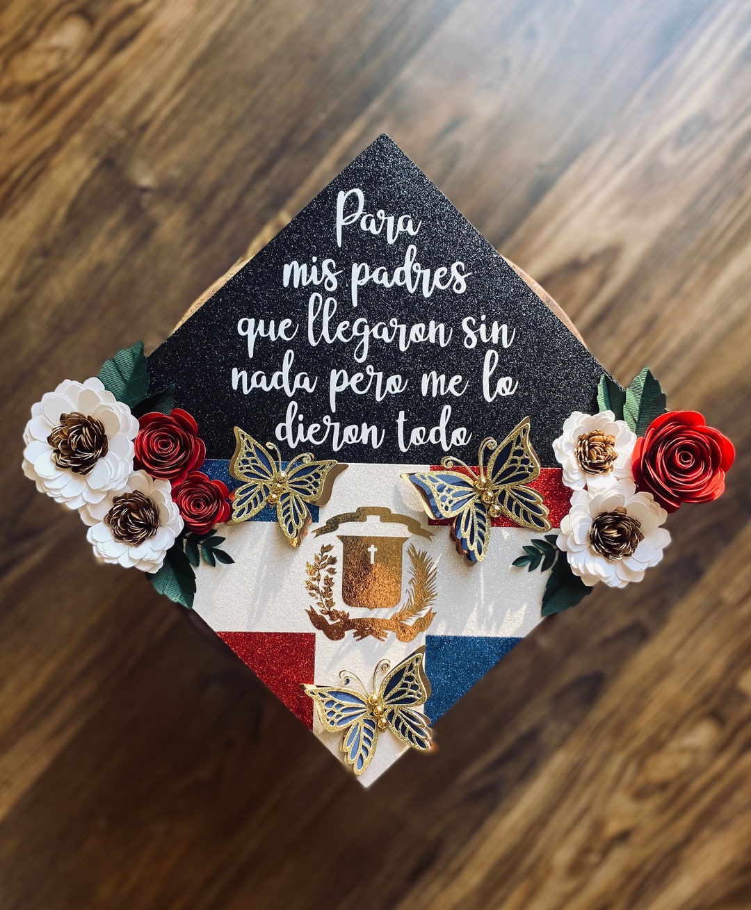 Custom Dominican Republic Graduation Cap Topper Flag Floral Bling ...