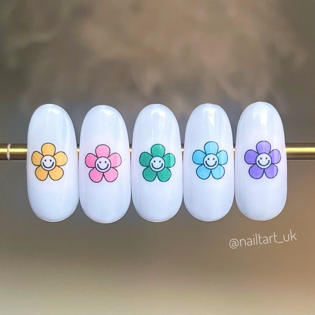 Nail Art Waterslide Decals / Stickers Retro Groovy Smiley Hippy Flower ...