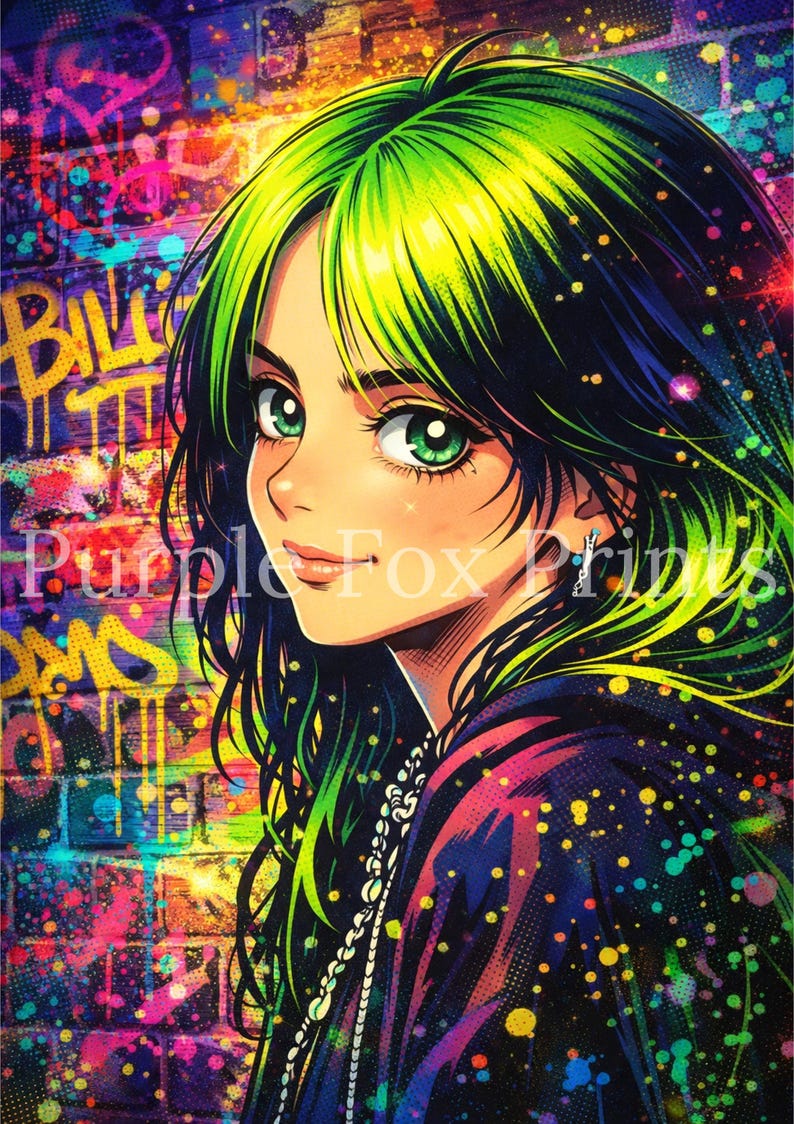 Billie Eilish Inspired Anime Art Print | Neon Graffiti Pop Portrait ...