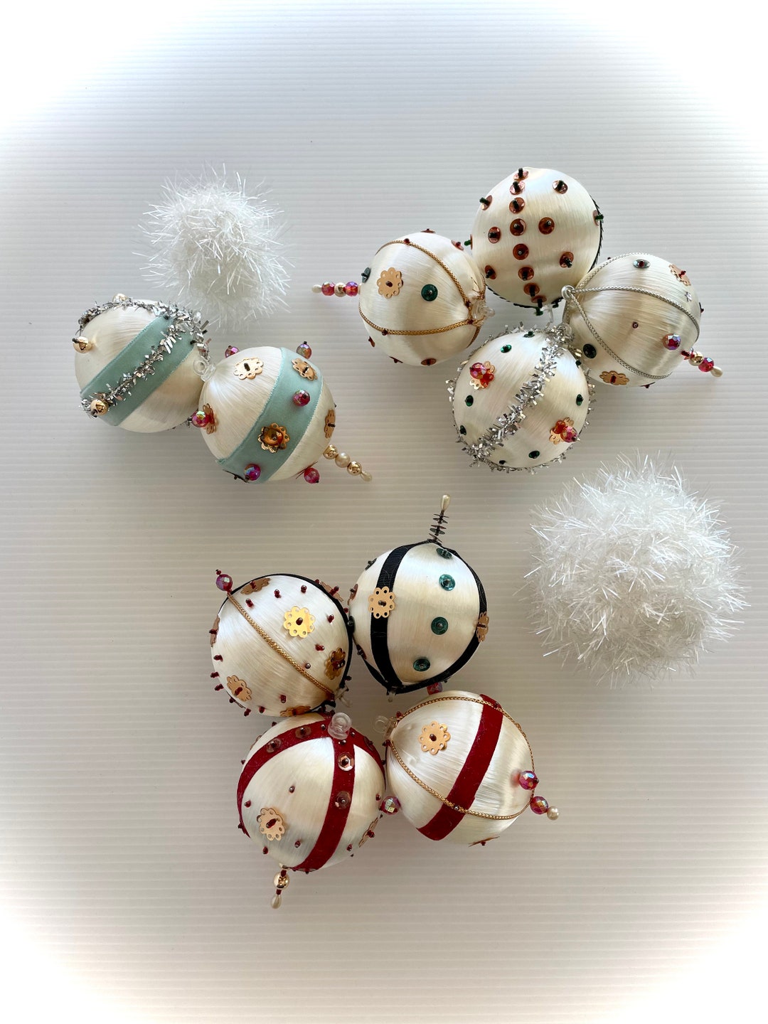 Vintage Sequin and Pin Christmas Ornament SET; White Satin and Trim ...