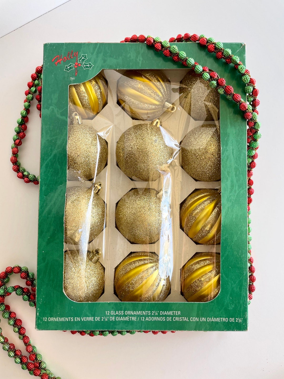 Vintage Unbreakable Gold Glitter Ball Christmas Ornaments Holly or ...