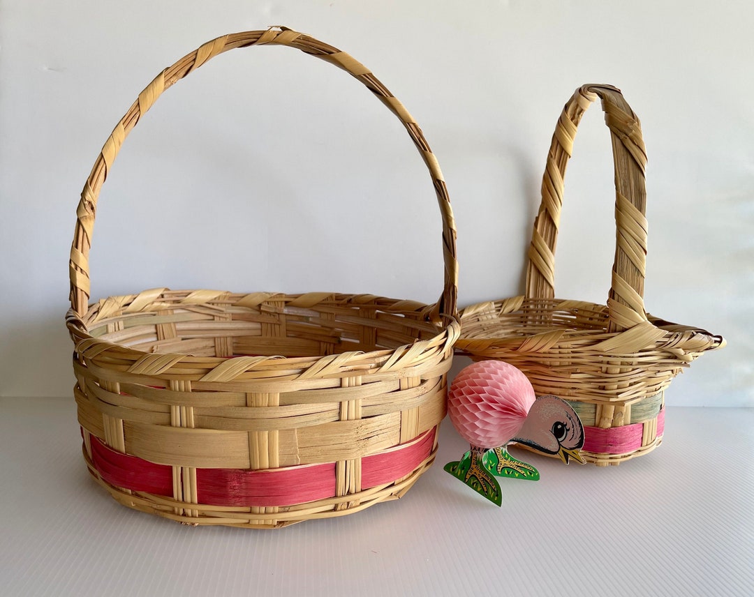 Vintage Wicker Easter Basket; CHOICE of Natural Woven Pink and Green ...