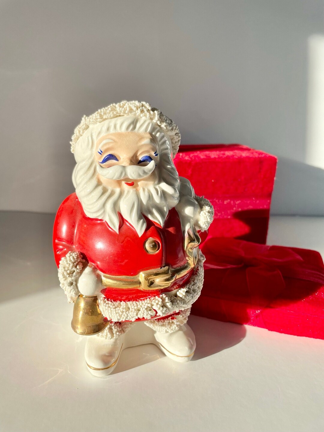 Vintage Spaghetti Santa Bank With Blue Eyes and Gold Trim, Bell ...