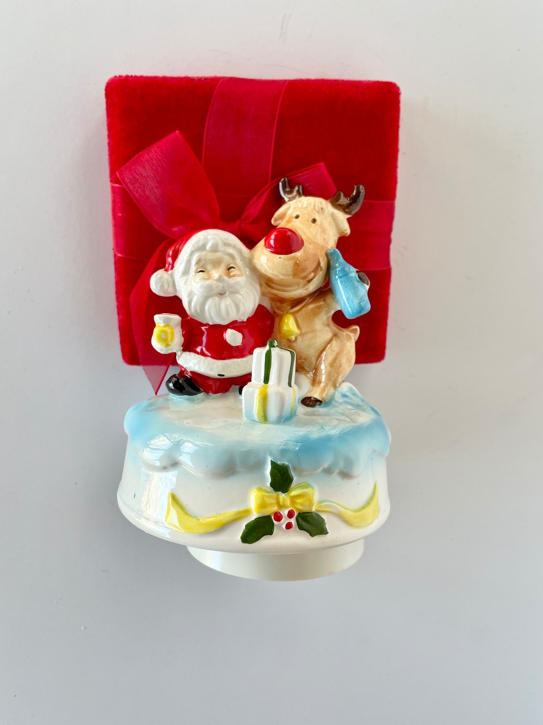 Vintage 1970s Ceramic Santa and Rudolph Music Box: MCM Christmas Decor ...