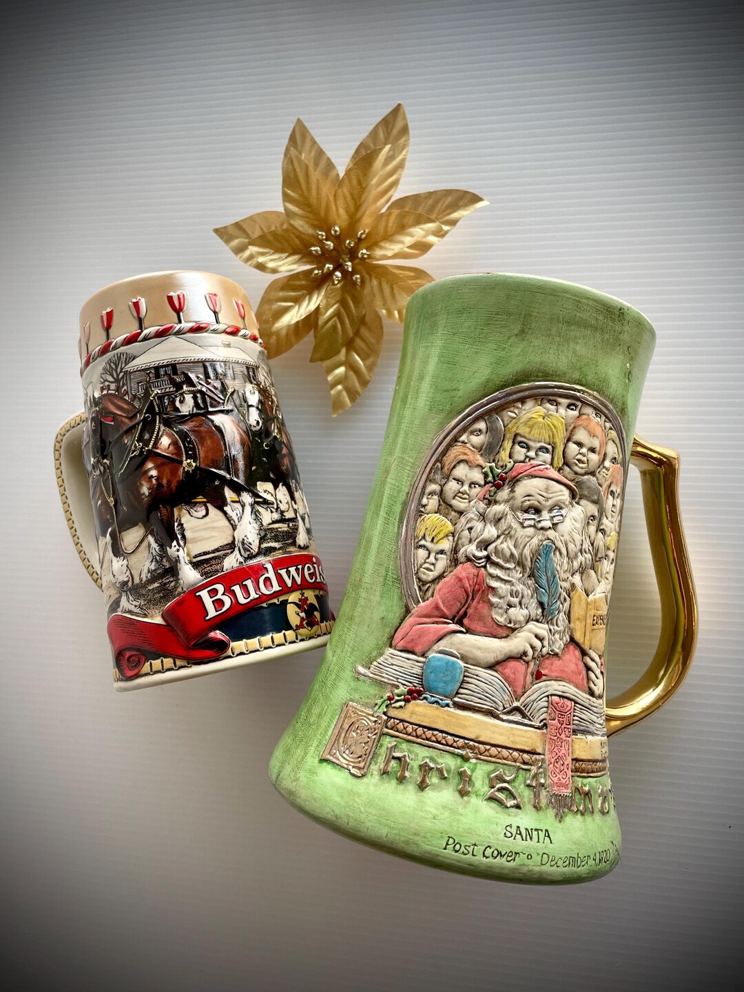 Vintage Christmas Beer Stein, Santa OR Budweiser Clydesdales; Saturday ...