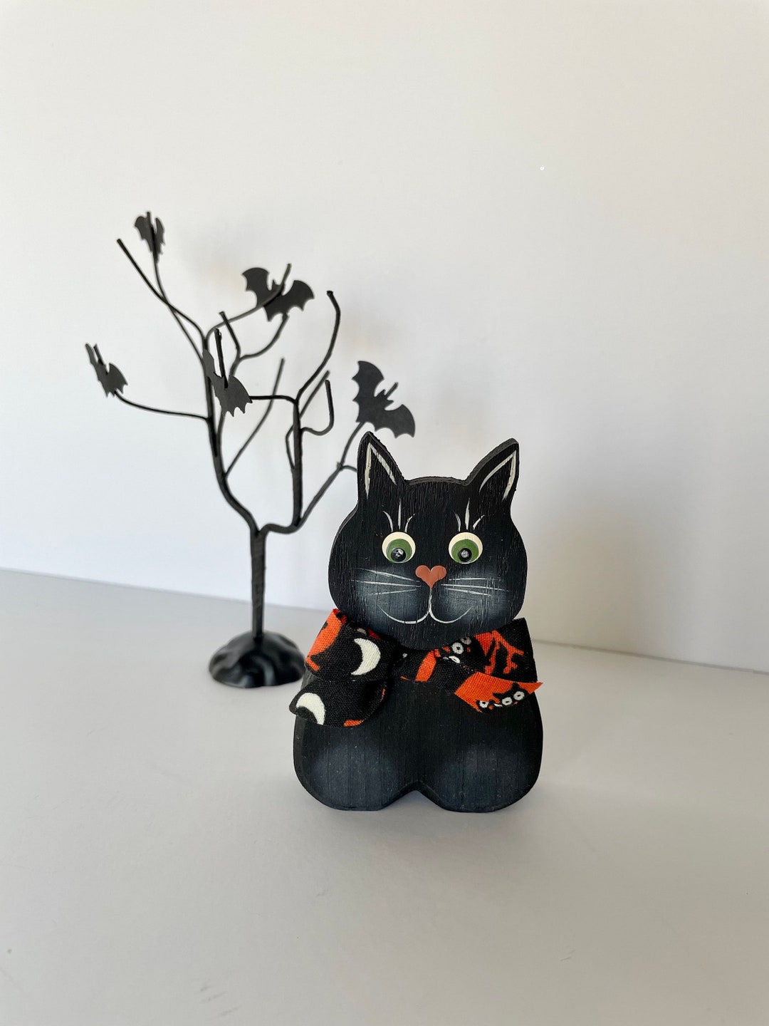 Vintage Black Cat Halloween Shelf Sitter Cute Little, Hand Painted Wood Retro Folk Art Scaredy ...