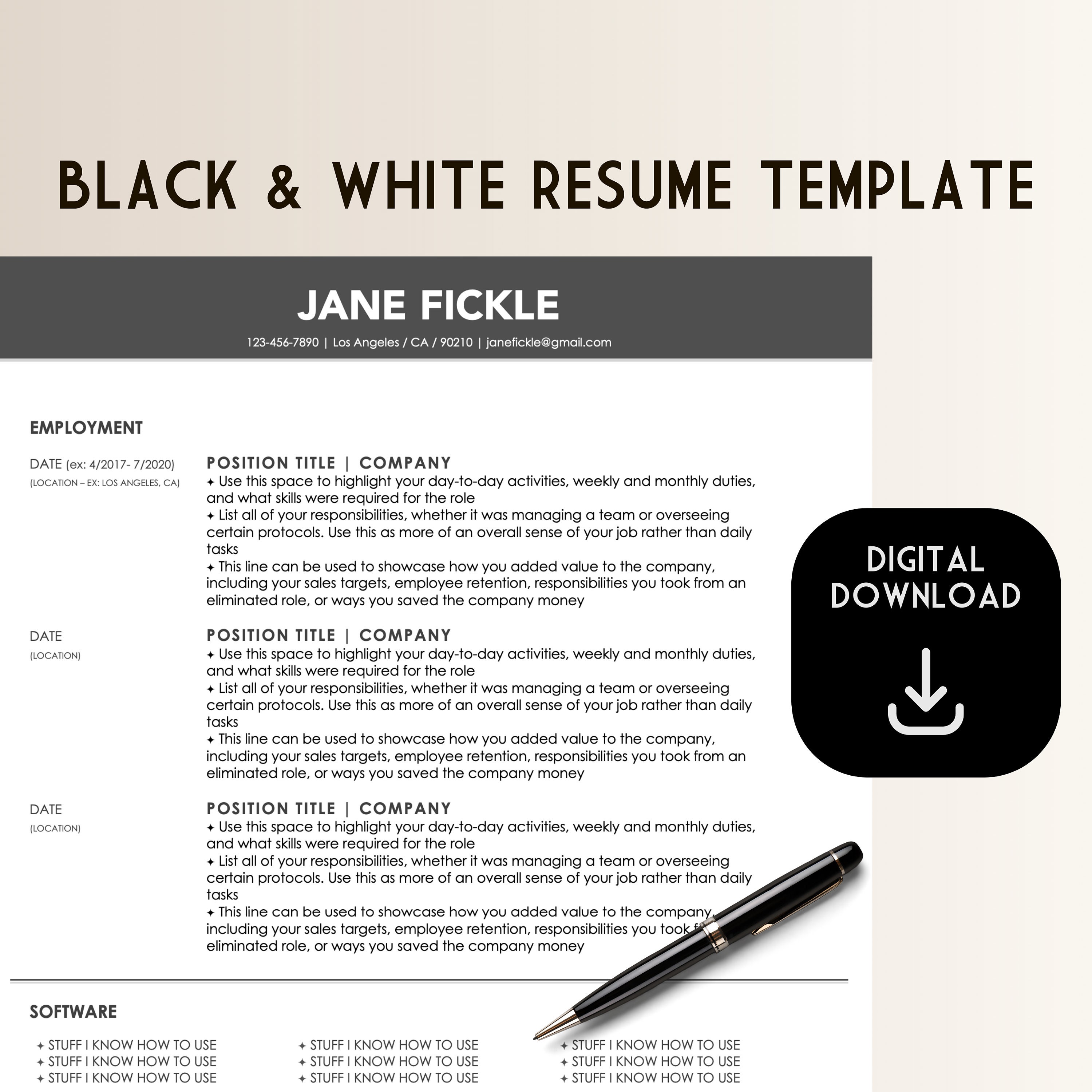 Professional Black and White Resume Template, CV Template for Modern ...