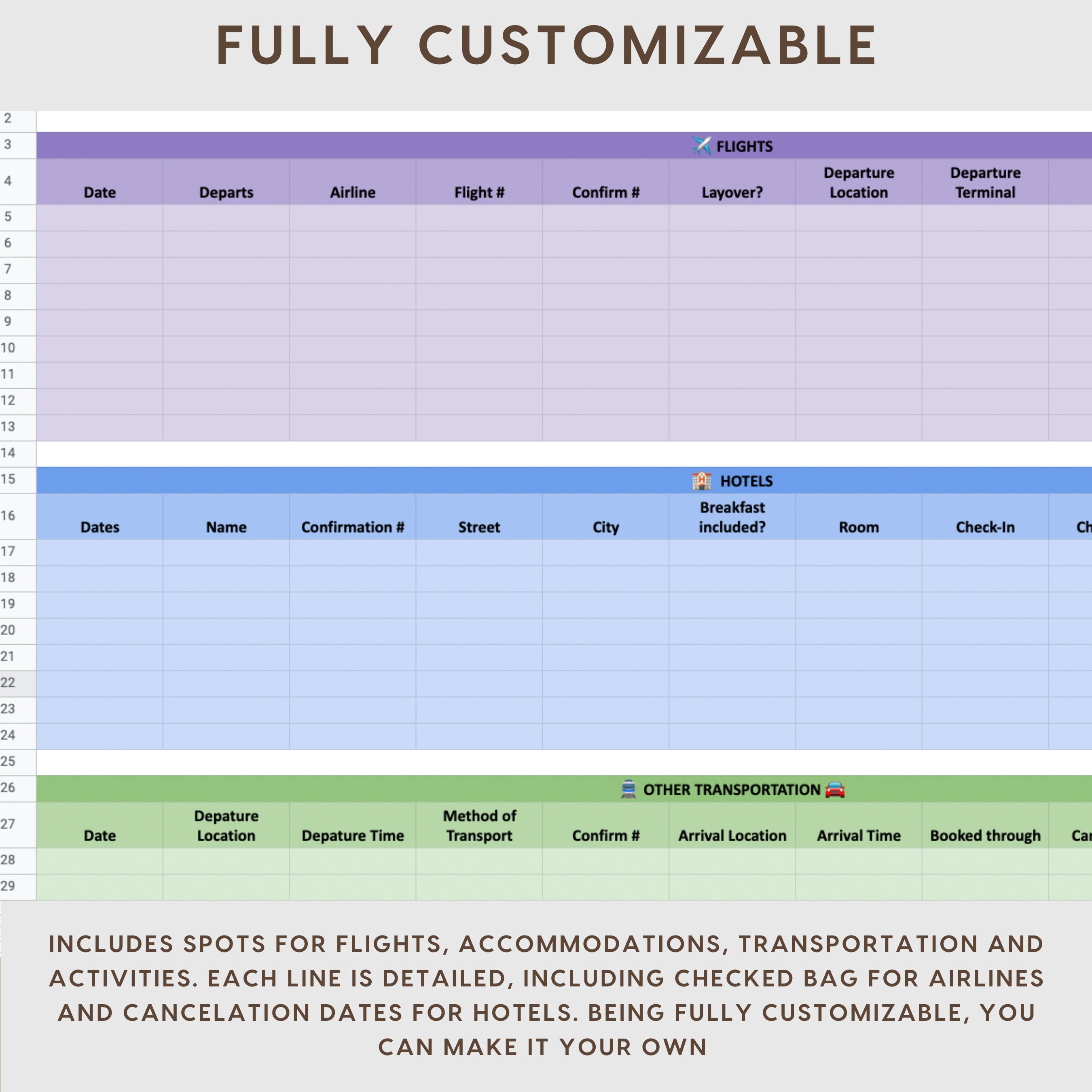 Travel Itinerary | Printable Easy-to-use Excel (with Preset Formulas ...