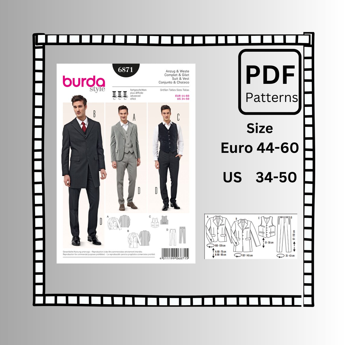 Burda 6871 Herrenanzug, Weste und Gehrock Schnittmuster. Größe Euro 44 ...