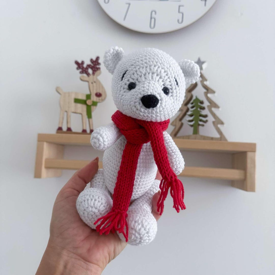 White Christmas Teddy Bear in Red Scarf, Cute Crochet Tiny Bear ...