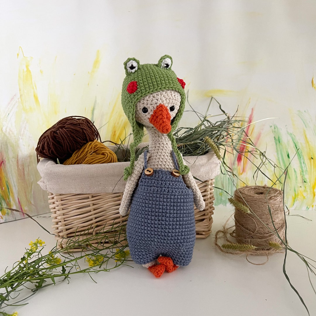 Crochet Goose in a Frog Cap, Cute Goose Amigurumi, Farm Nursery ...