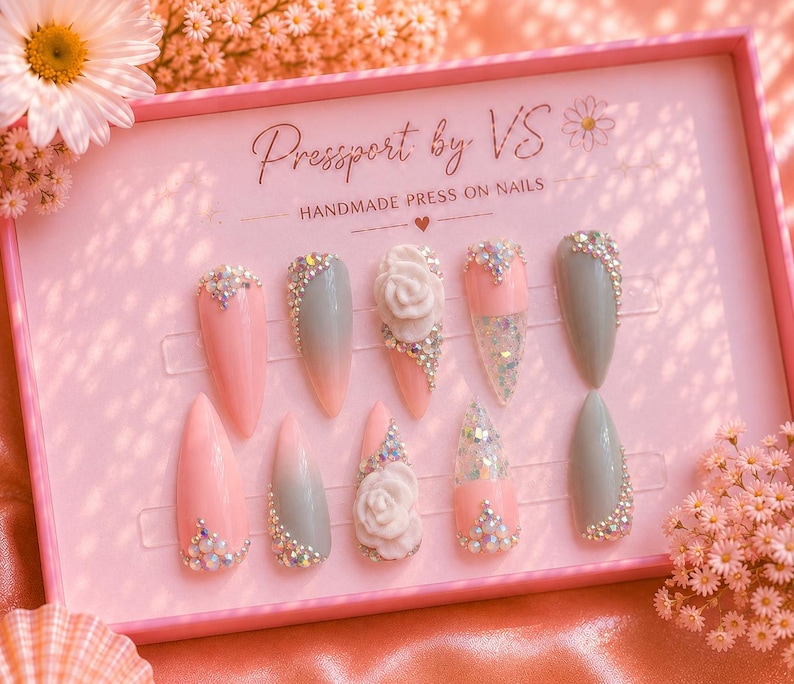3D Flower Ombre Press on Nails, Pink Gray Rhinestone Coffin Stiletto ...