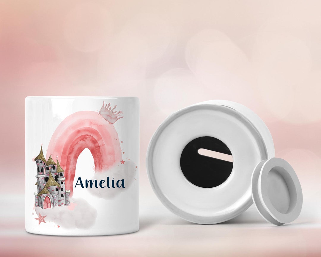 Personalised Princess Castle Money Box, Pink and Blue Rainbow Piggy ...