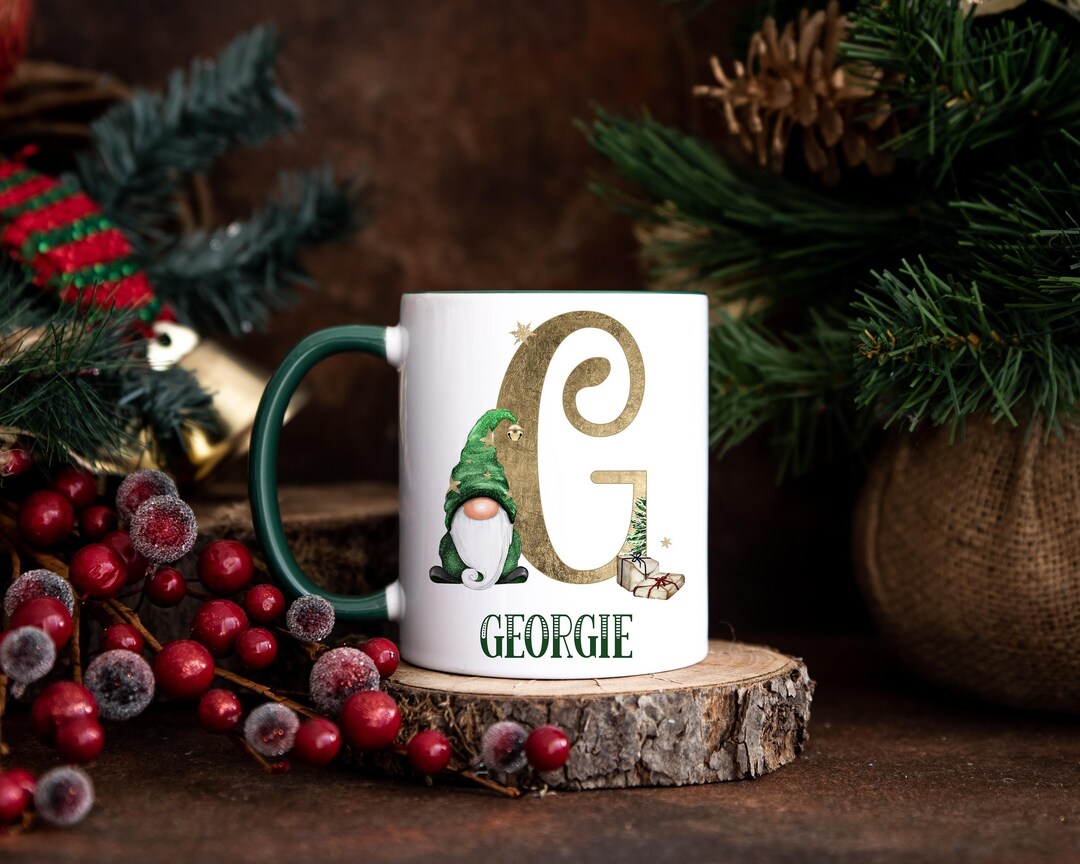 Personalised Gonk Christmas Mug, Green Gonk Alphabet, Gnome Monogram ...