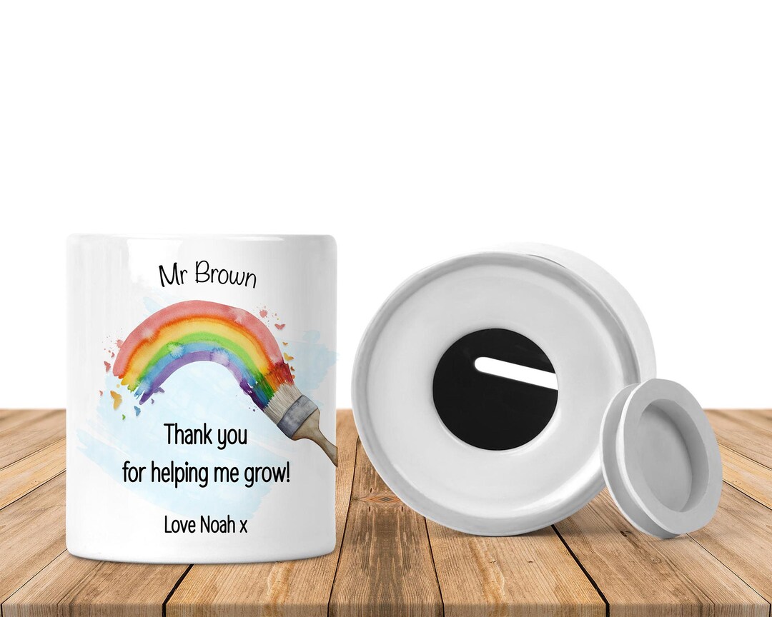 Personalised Teacher Money Box Gift, Paintbrush Rainbow, Editable Text ...