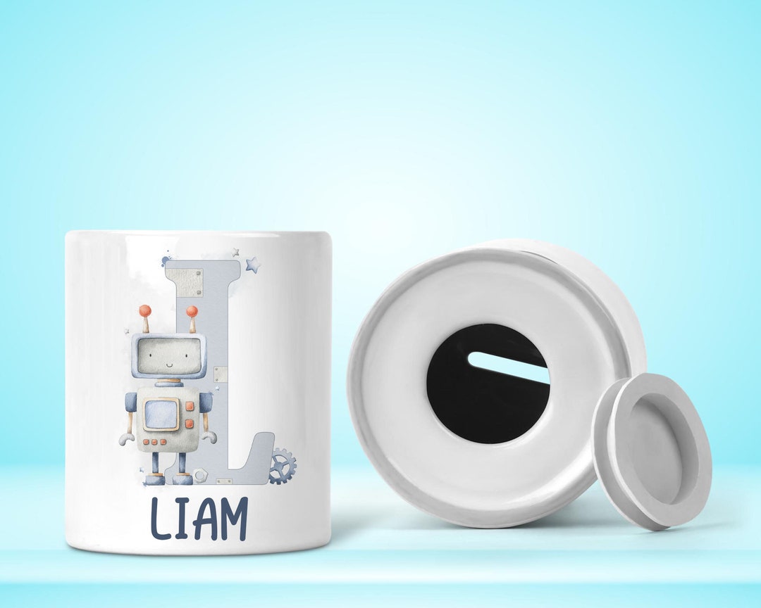 Personalised Robot Money Box, Ceramic Money Box Gift, Kids Piggy Bank ...