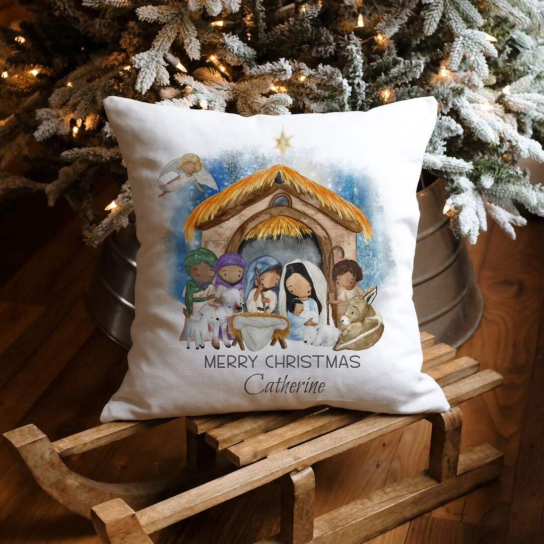 Personalised Christmas Nativity Scene Cushion, Religious Christmas Gift ...