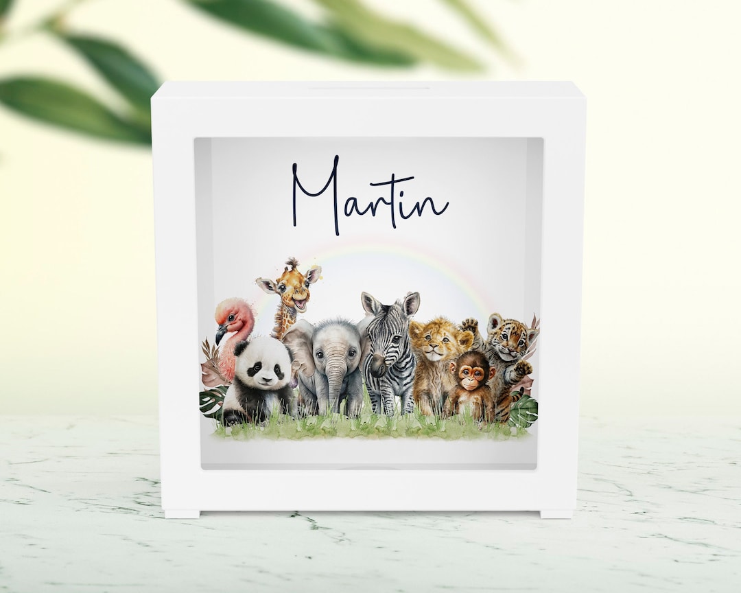 Personalised Safari Money Box, Jungle Gift, Kids Piggy Bank, Coin Money ...