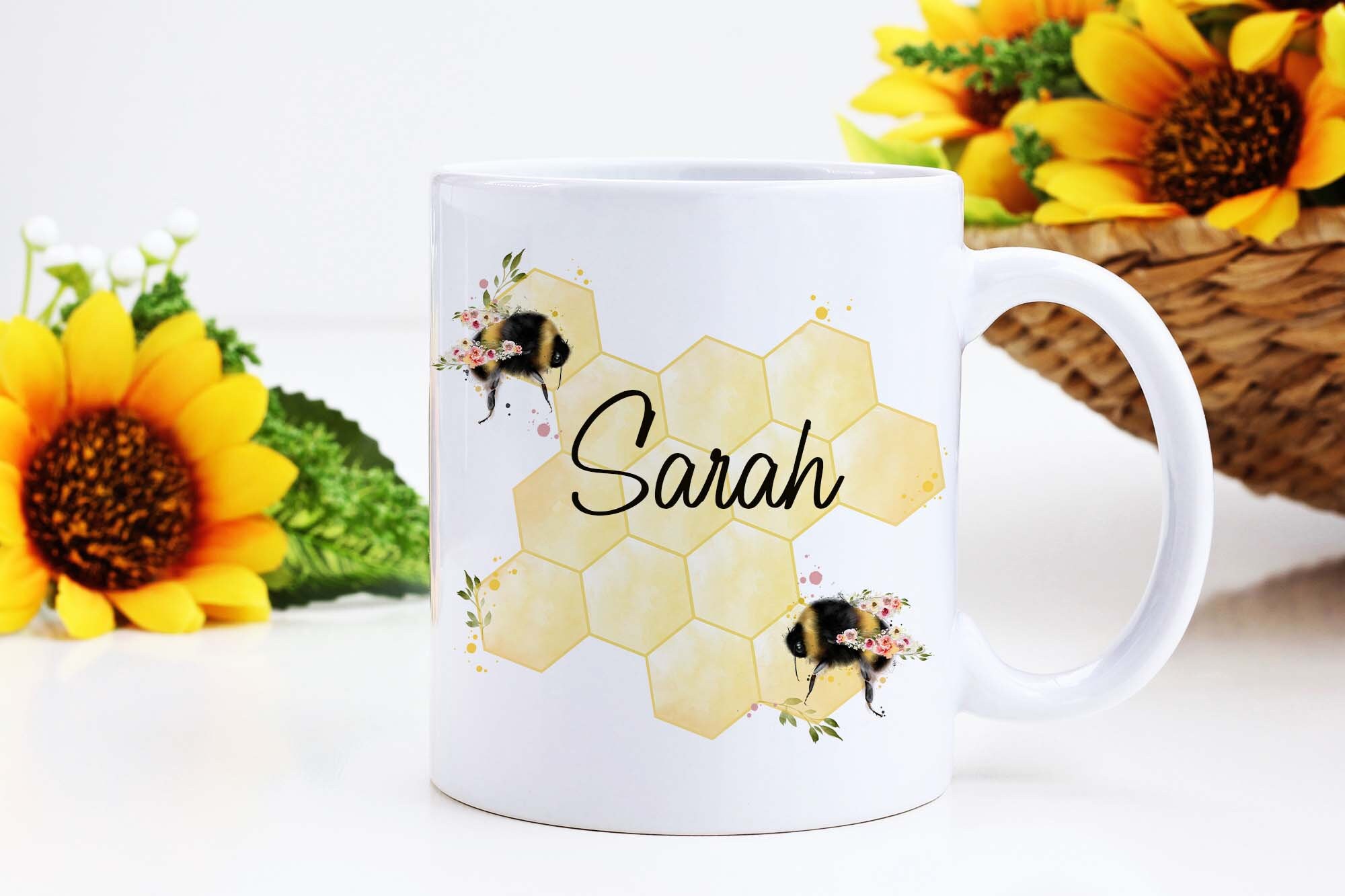 Personalised Bumble Bee White Mug With Editable Text, Honeycomb Floral ...