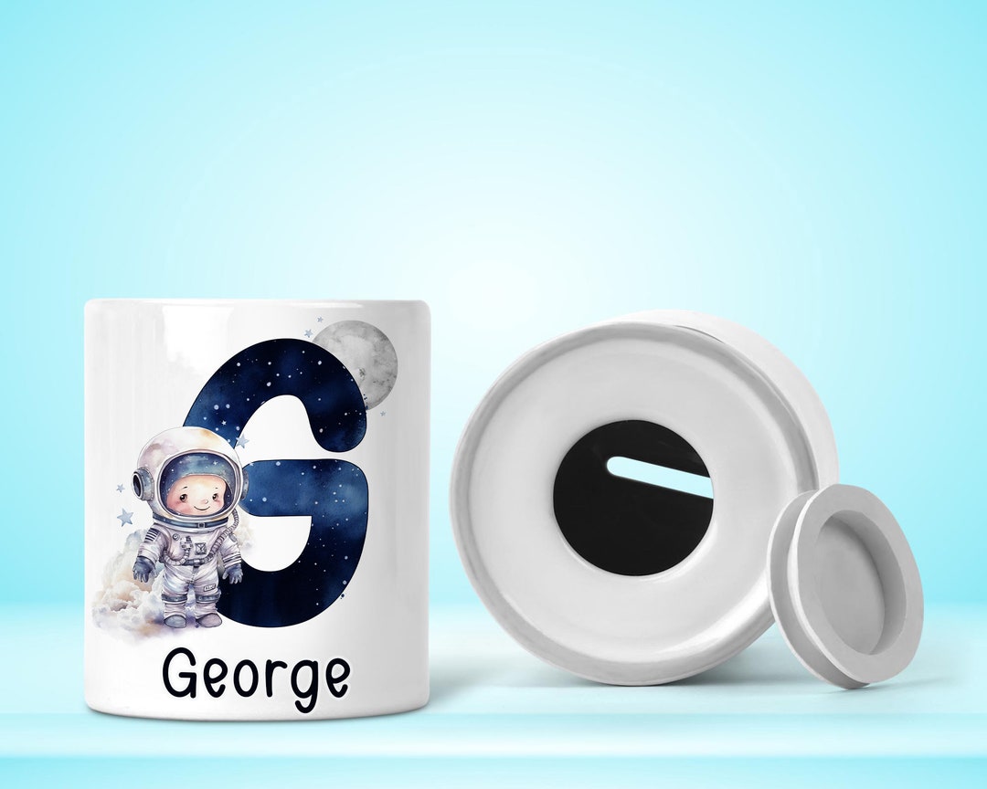 Personalised Space Money Box, Blue Astronaut Ceramic Money Box ...