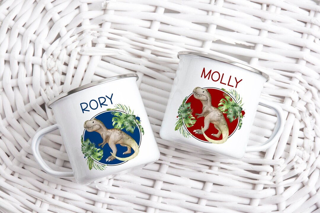 Personalised Dinosaur Mug - T-rex Enamel Child Mug - Dinosaur Themed ...