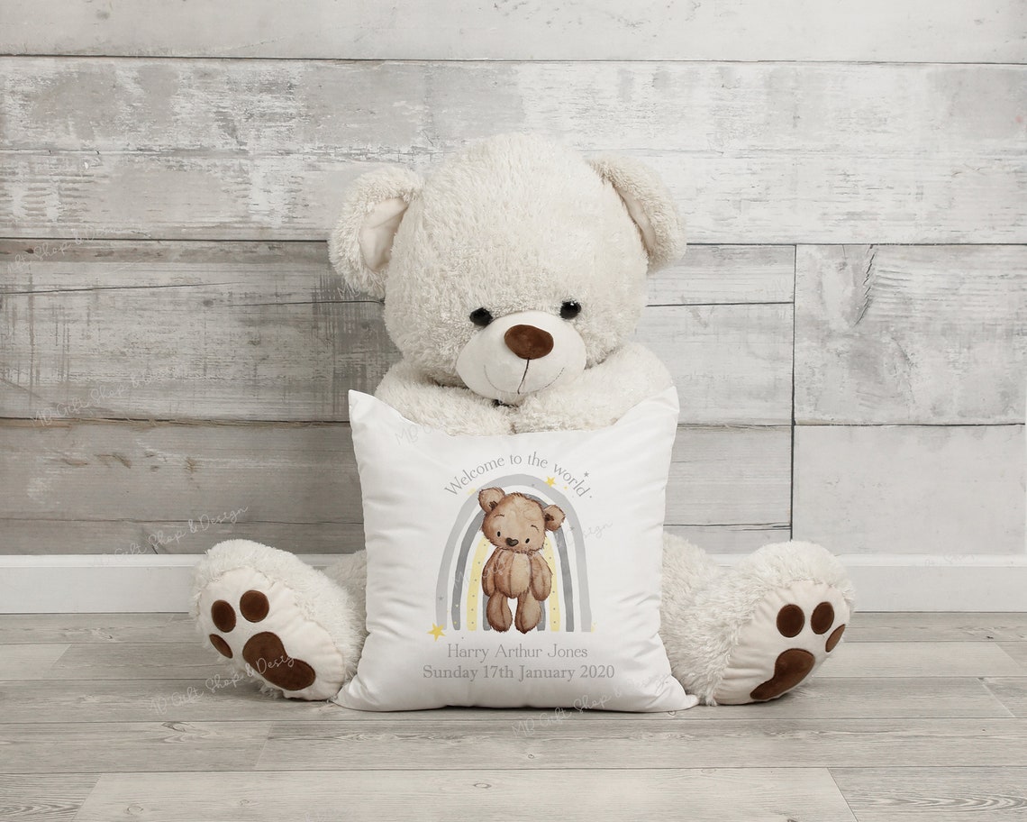 Personalised new baby rainbow cushion Teddy bear cushion | Etsy
