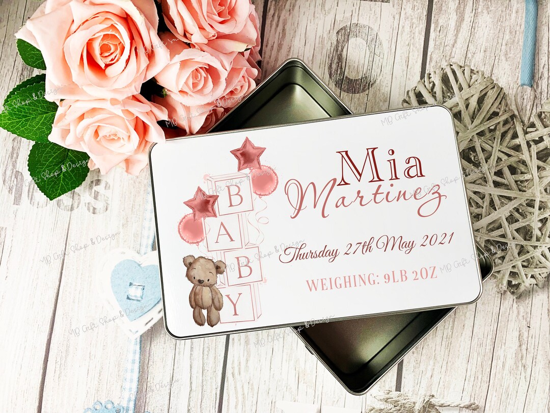 Personalised New Baby Tin - Pink Bear Treat Tin - Birthday Gift - Baby ...