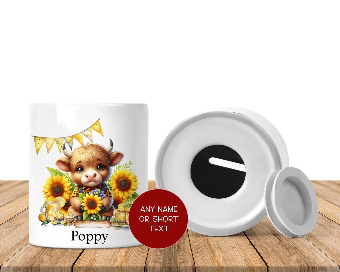 Personalised Highland Cow Money Box, Sunflower Baby Cow Ceramic Money ...
